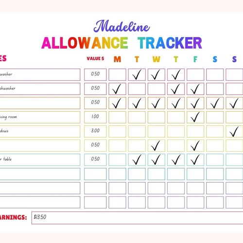 EDITABLE Allowance Chore Chart Rainbow Allowance Tracker - Etsy