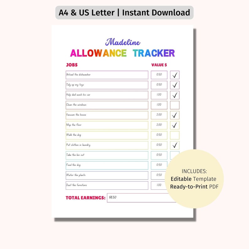 EDITABLE Allowance Chore Chart - Rainbow | Allowance Tracker | Editable ...