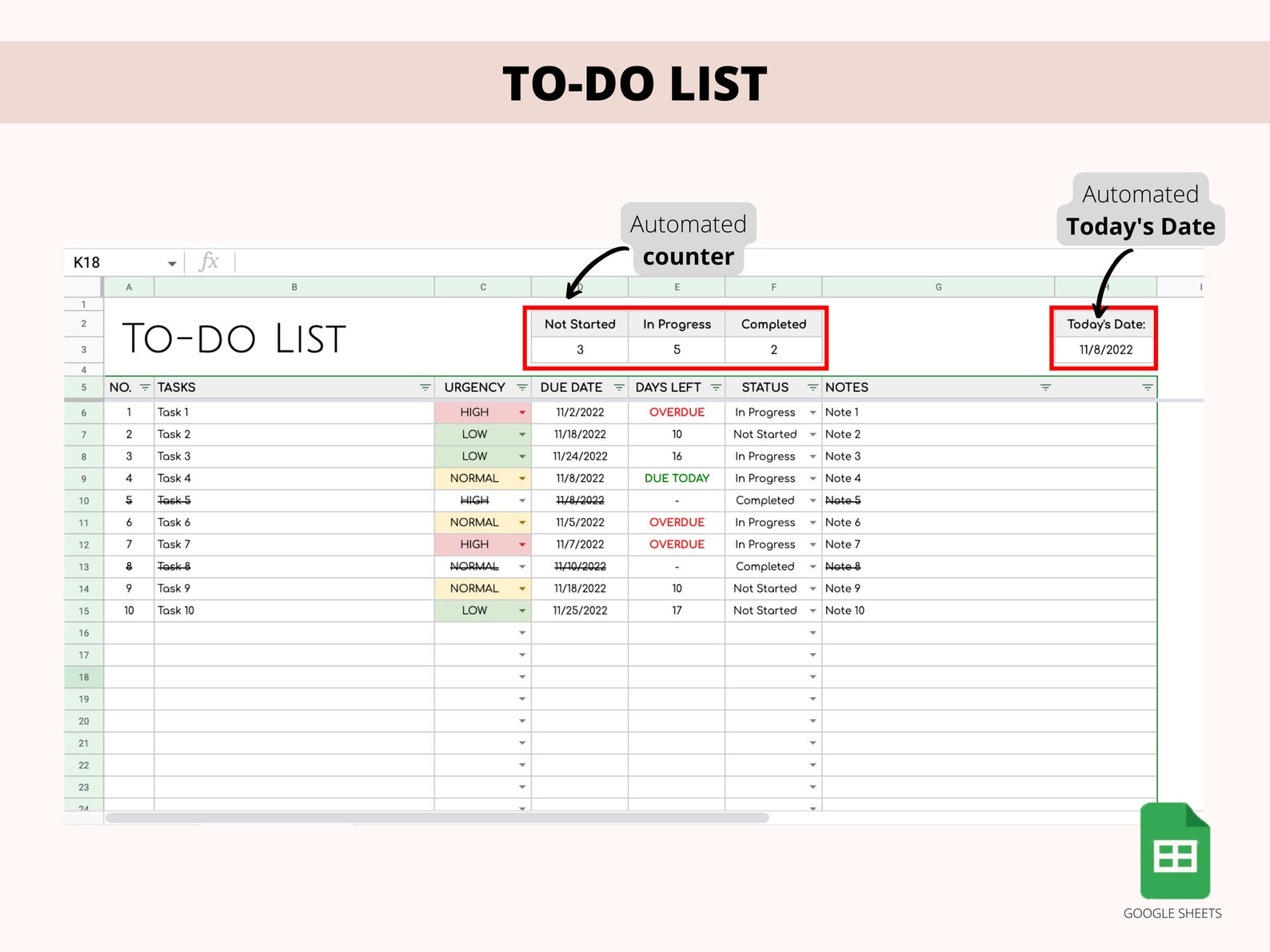 To Do List Google Sheets Task Planner Editable to Do List With Due Date ...