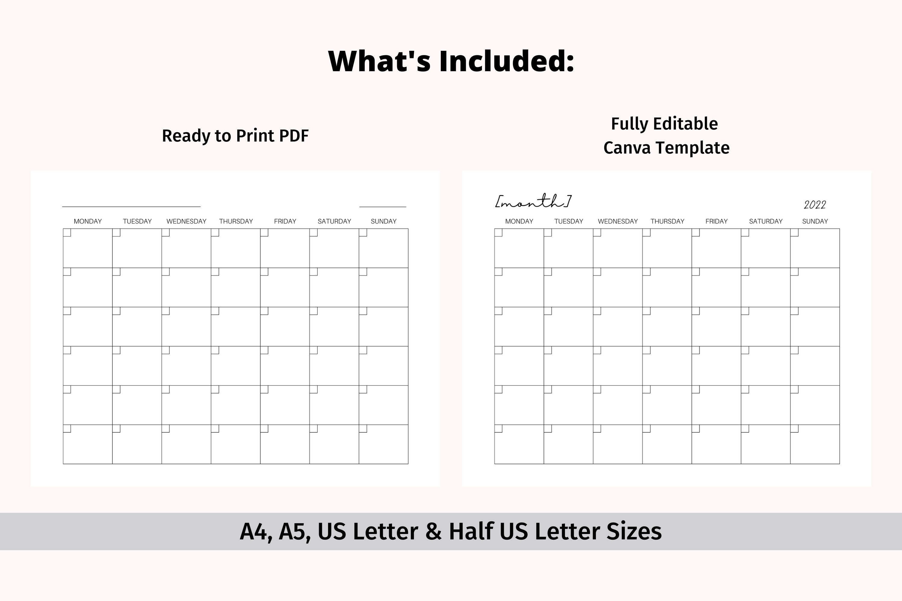 EDITABLE Undated Monthly Planner Landscape Minimalist Printable Monthly ...