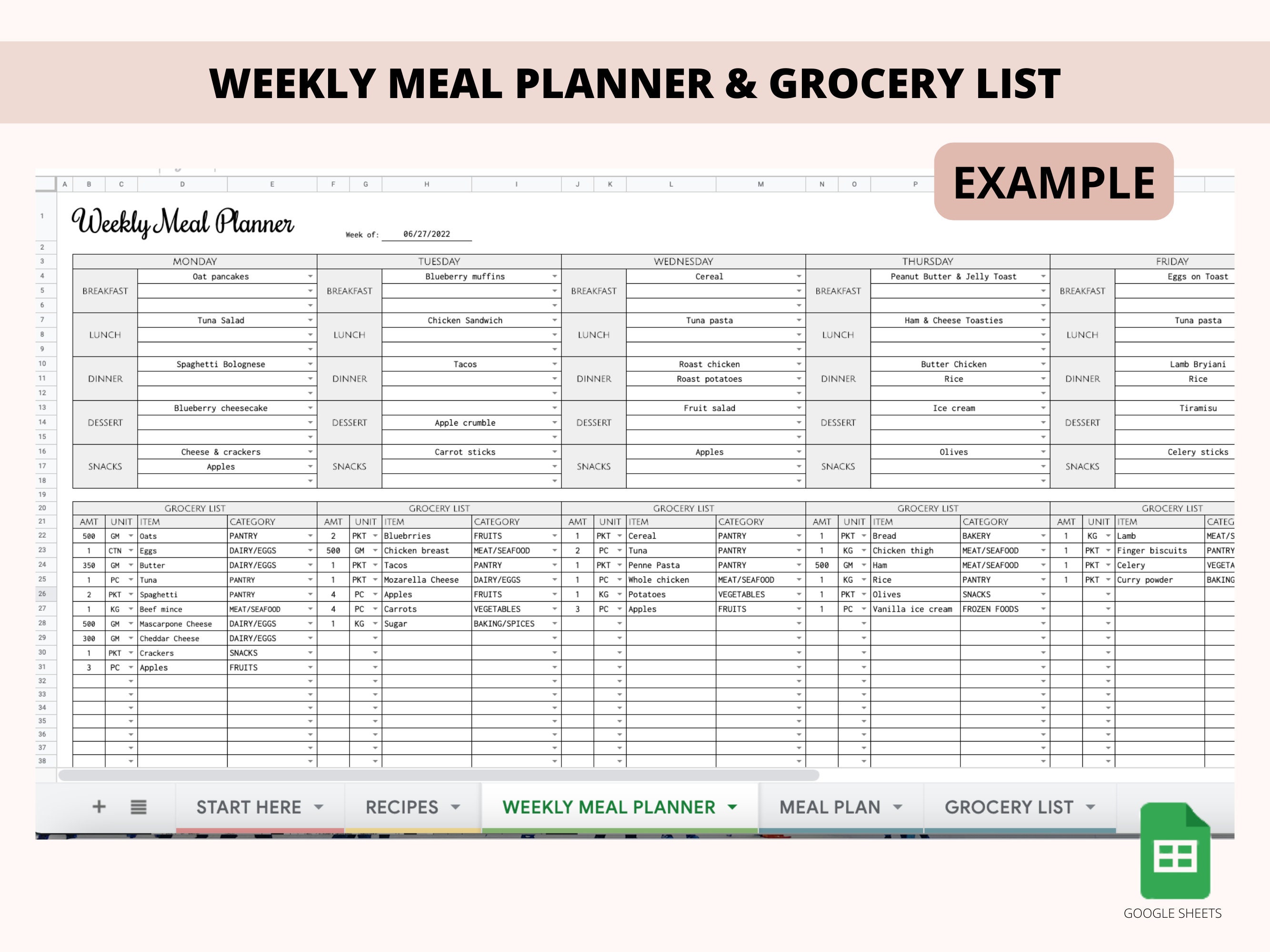 Editable Meal Planner and Grocery List With Budget Google Sheets ...