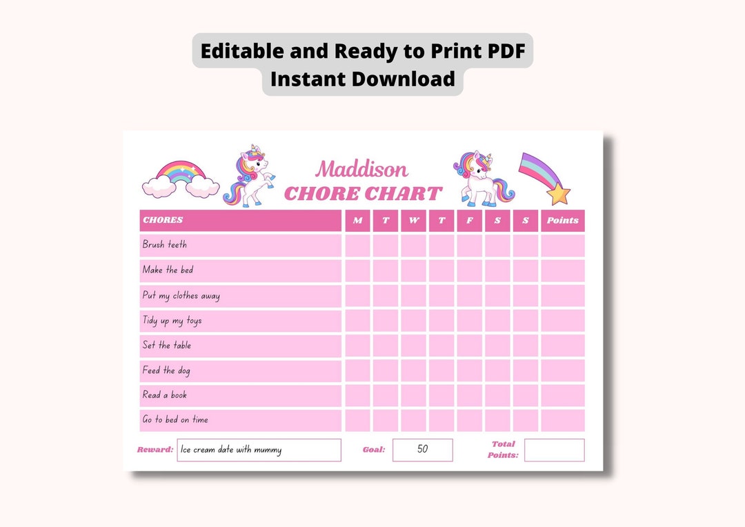 Unicorn Kids Chore Chart With Reward Points (printable & Editable) - Etsy