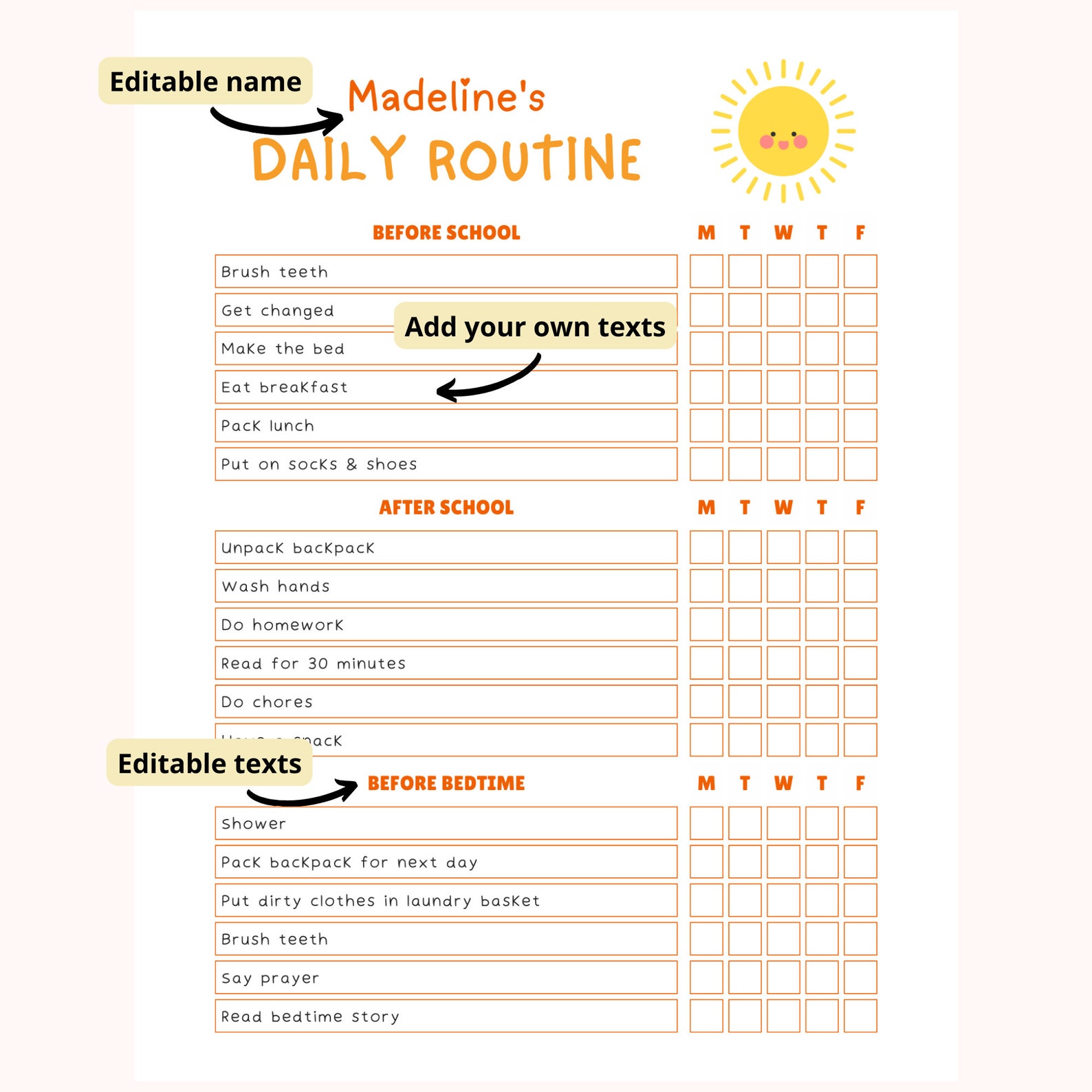 EDITABLE Kids Daily Checklist Kids Routine Checklist Daily Routine ...