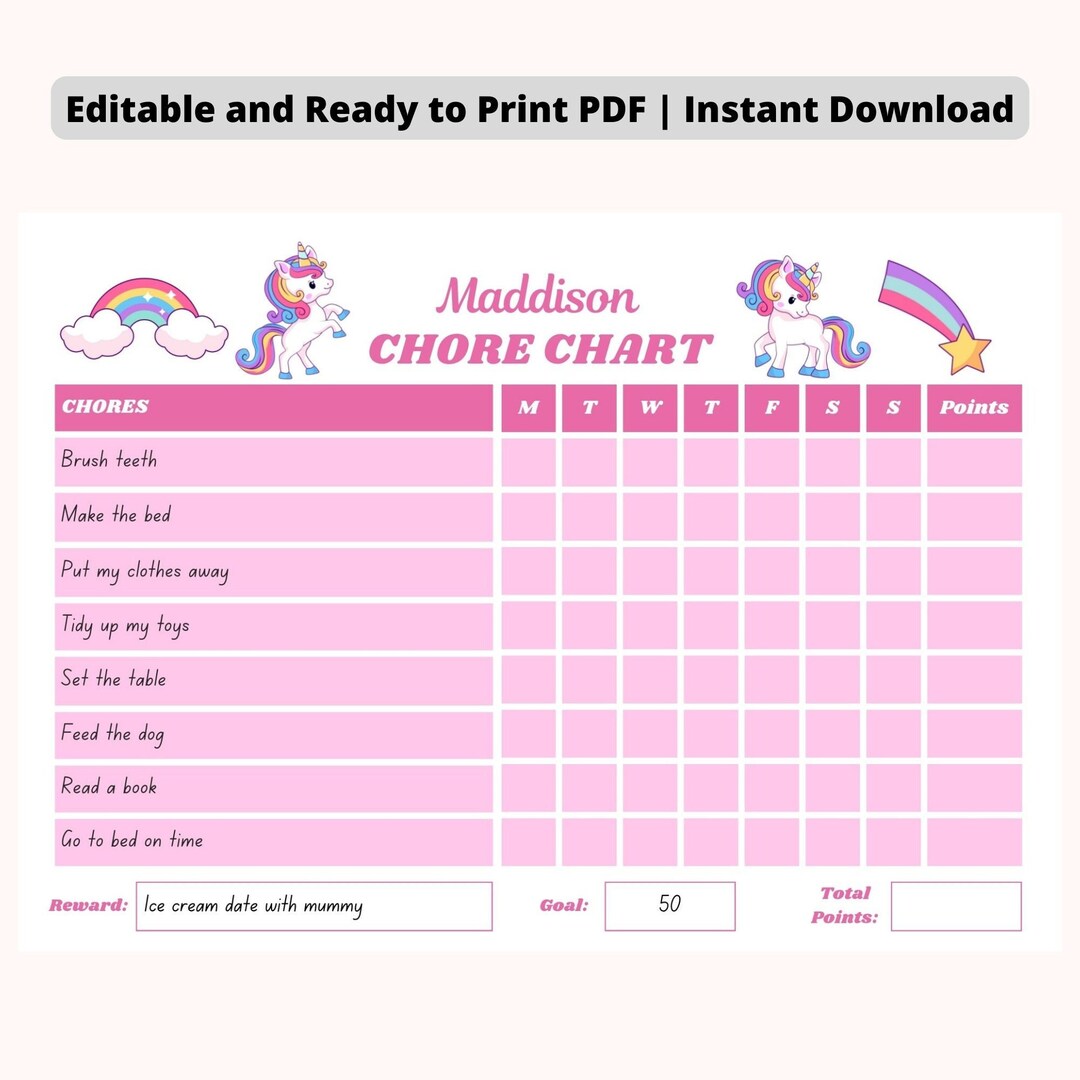 EDITABLE Kids Daily Chore Chart With Reward Points System - Etsy