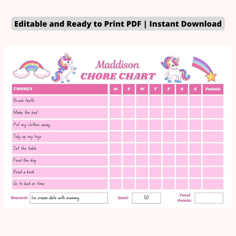 EDITABLE Kids Daily Chore Chart With Reward Points System - Etsy