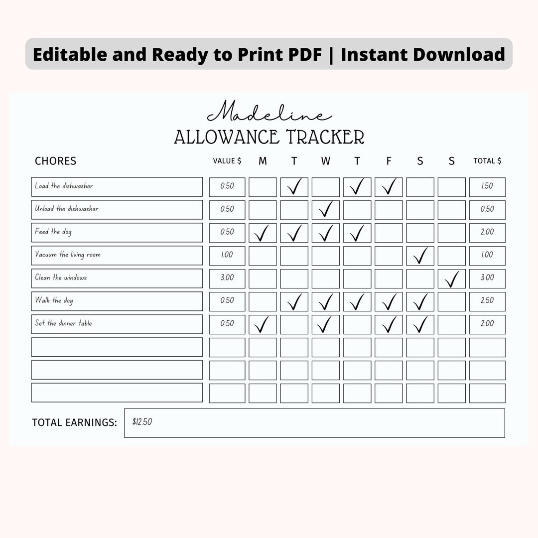 EDITABLE Allowance Chore Chart Money Chore Chart Editable - Etsy