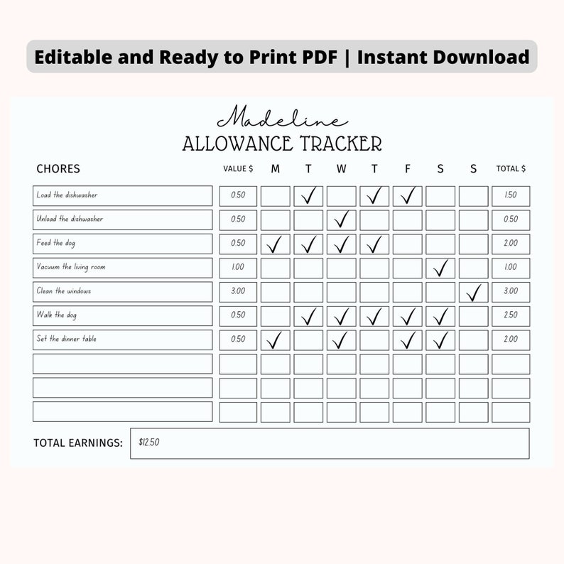EDITABLE Allowance Chore Chart Money Chore Chart Editable - Etsy