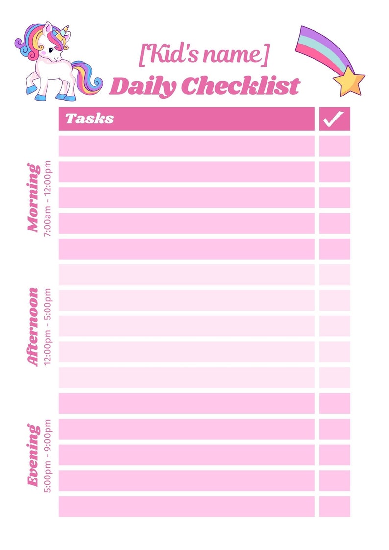 EDITABLE Kids Daily Checklist - Unicorn | Kids Routine Checklist ...