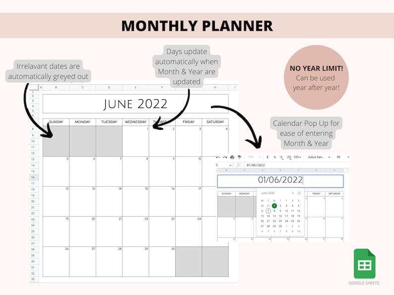 Monthly Calendar Planner | Google Sheets | Automated Calendar | to Do ...