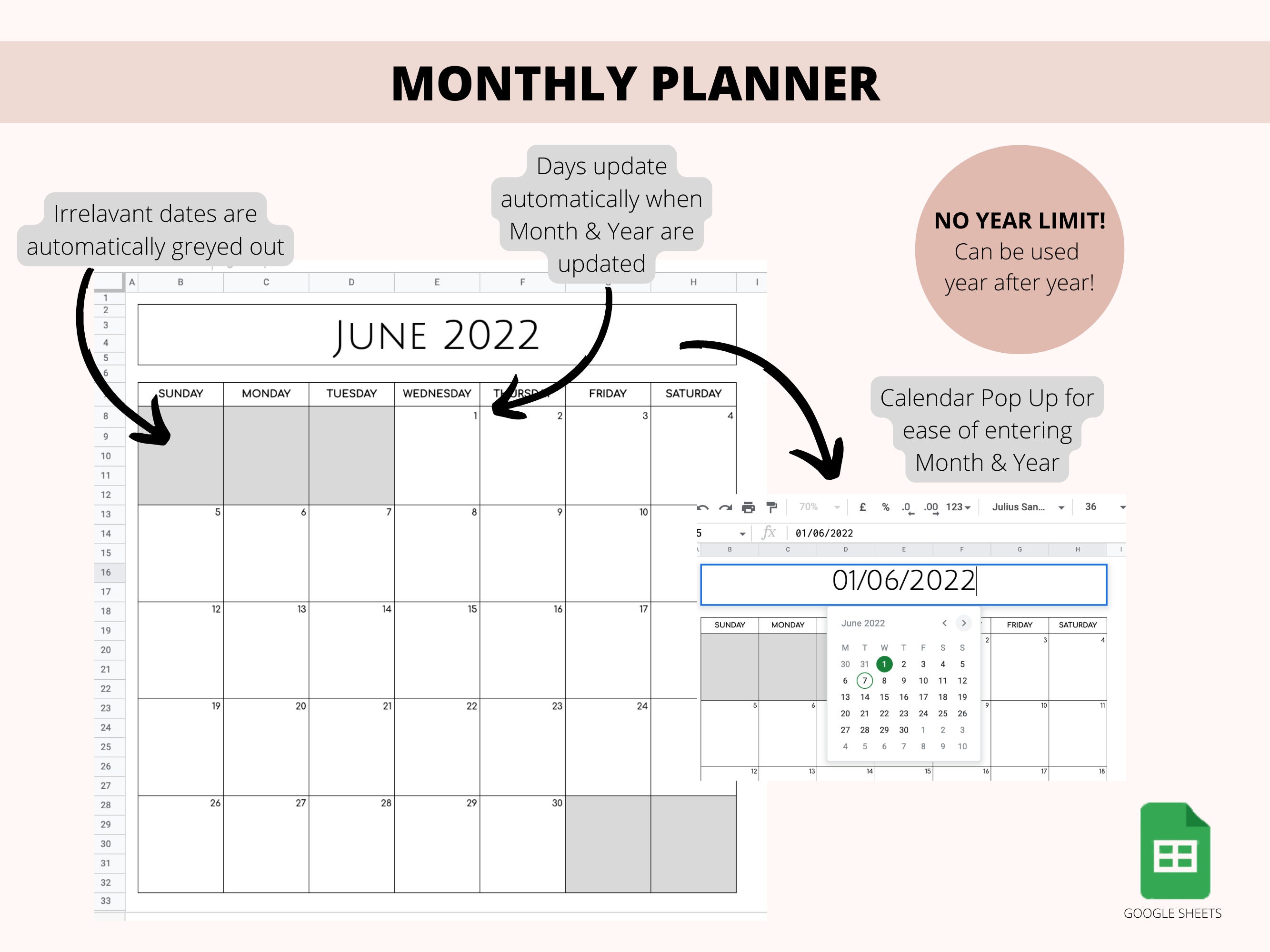Monthly Calendar Planner | Google Sheets | Automated Calendar | to Do ...