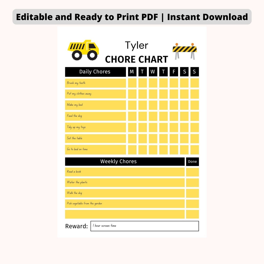 EDITABLE Kids Daily & Weekly Chore Chart - Construction Trucks | Kids ...