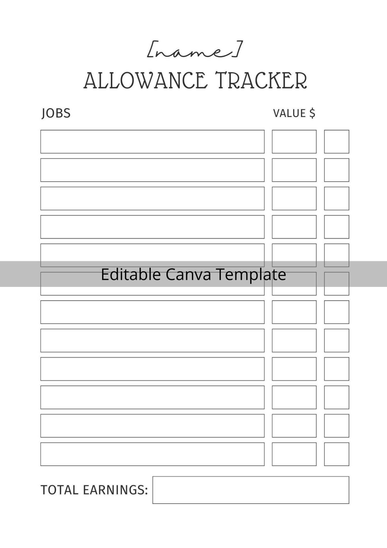 EDITABLE Allowance Chore Chart - Minimalist | Allowance Tracker ...
