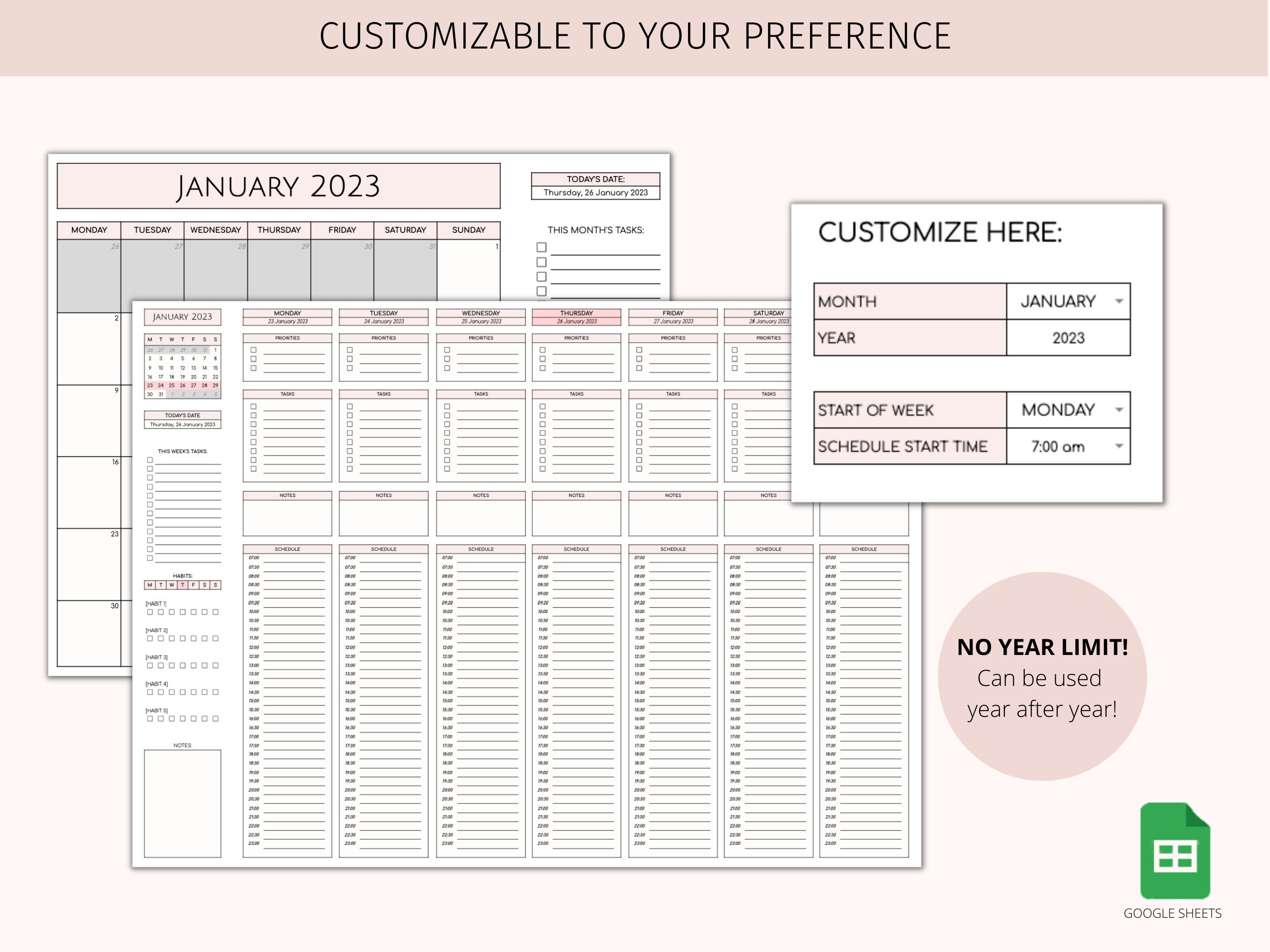 Monthly & Weekly Calendar Planner Google Sheets Spreadsheet | Automated ...