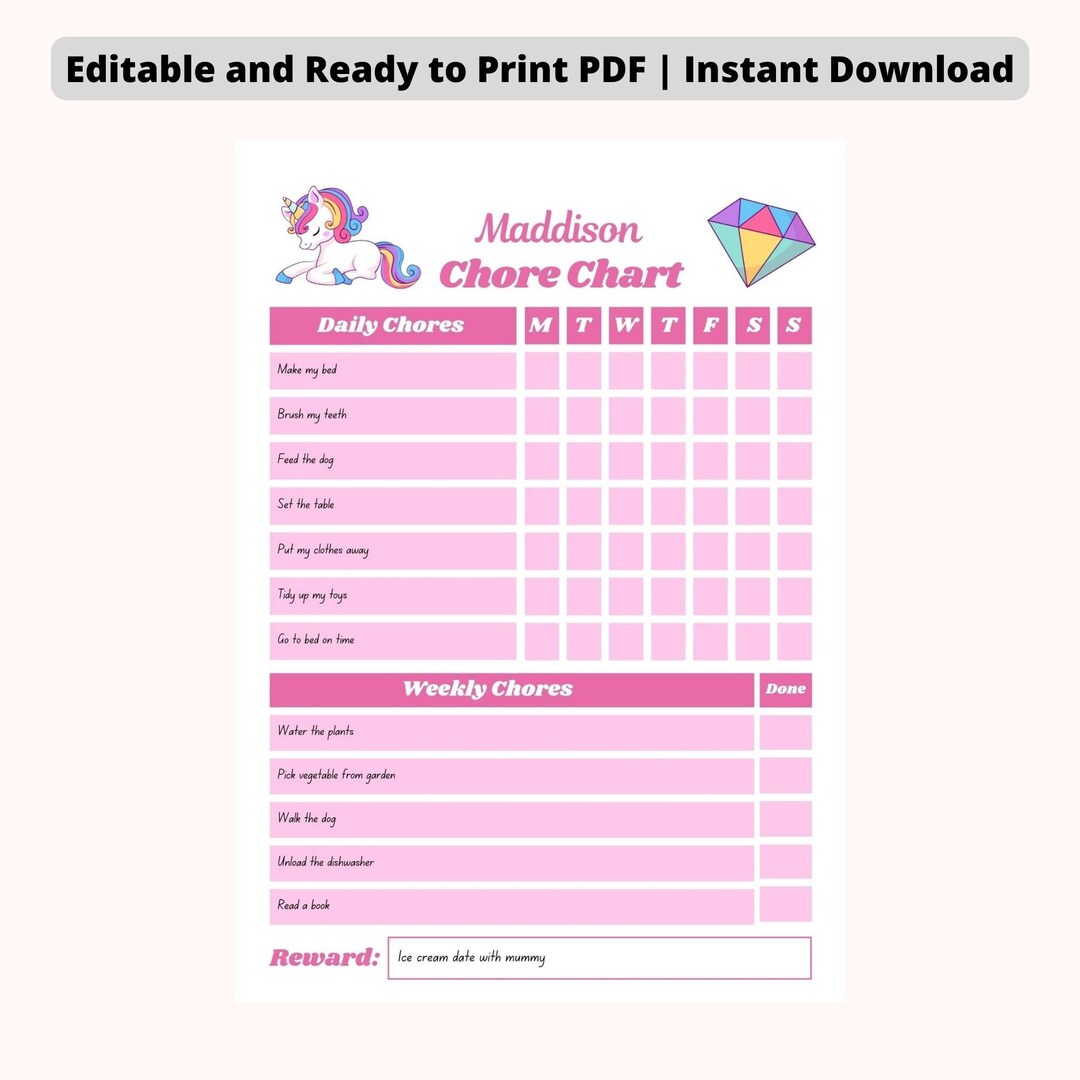 Unicorn Kids Chore Chart – Editable Daily & Weekly Checklist (printable ...