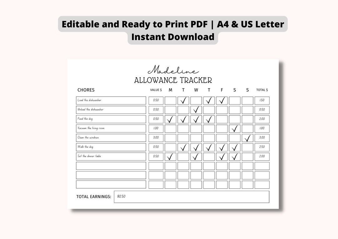 Editable Kids Chore Chart | Allowance Tracker (digital Download) - Etsy