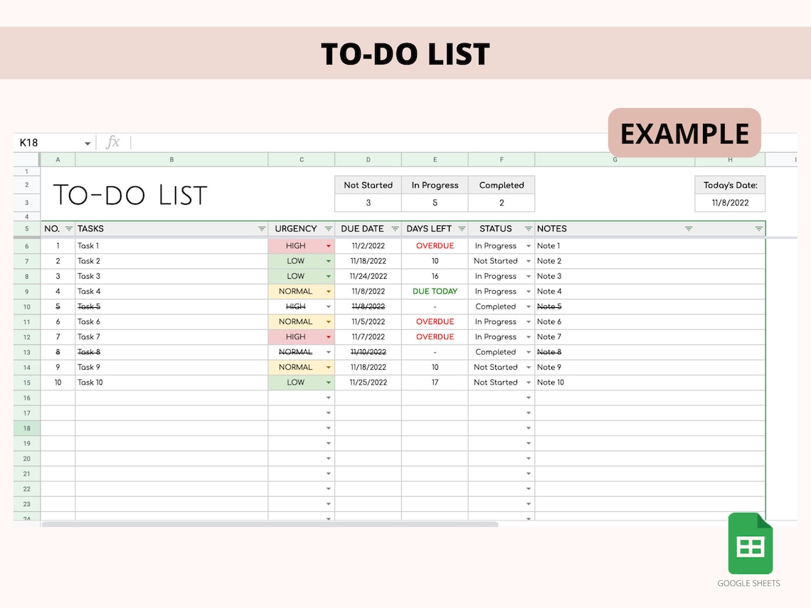 To Do List Google Sheets Task Planner Editable to Do List With Due Date ...