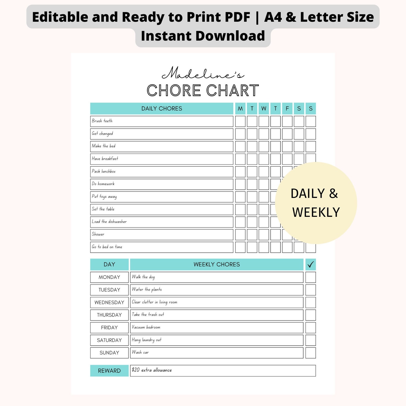 EDITABLE Daily & Weekly Chore Chart for Teens | Kids Chore Chart ...