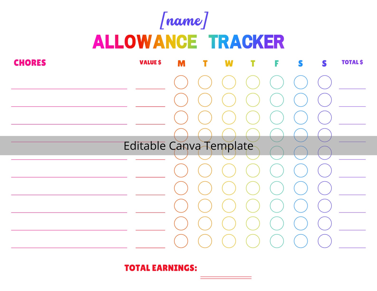 EDITABLE Allowance Chore Chart - Rainbow | Allowance Tracker | Editable ...