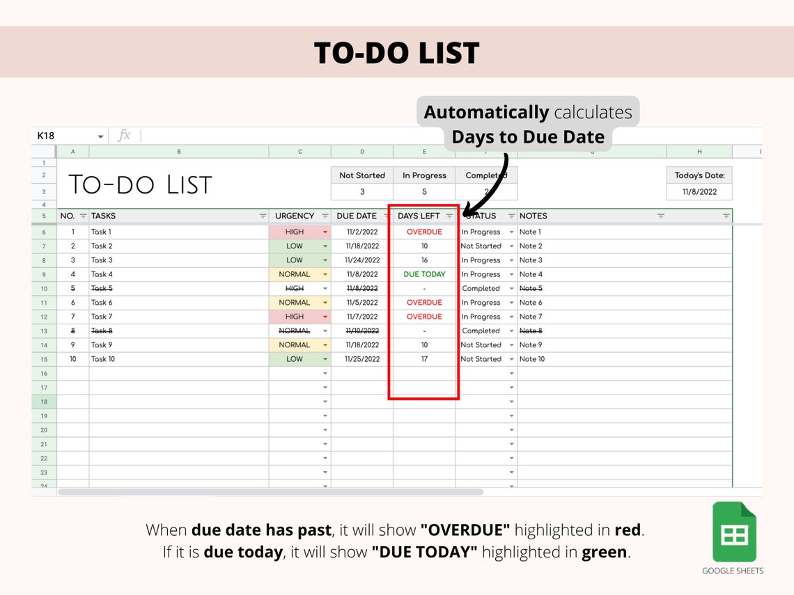To Do List Google Sheets | Task Planner | Editable to Do List With Due ...