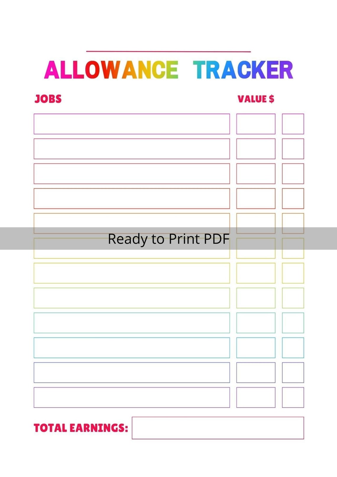 EDITABLE Allowance Chore Chart - Rainbow | Allowance Tracker | Editable ...