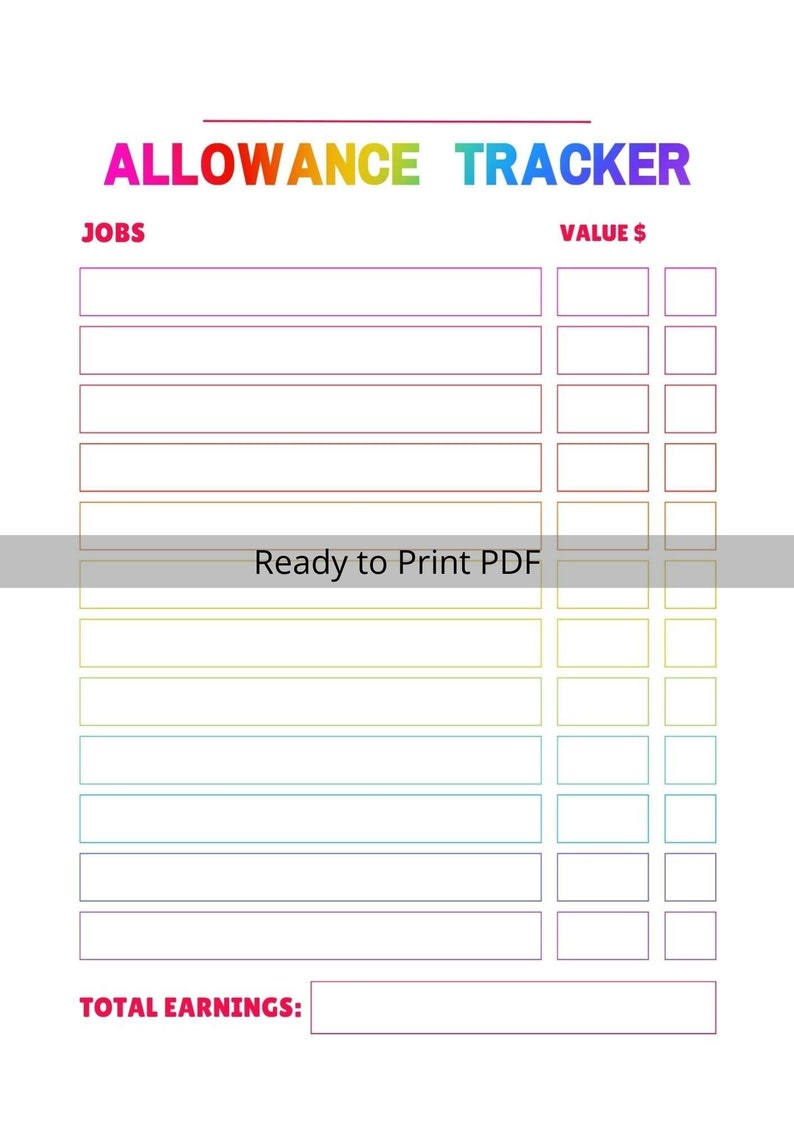 EDITABLE Allowance Chore Chart - Rainbow | Allowance Tracker | Editable ...