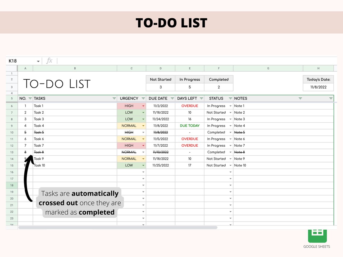 To Do List Google Sheets | Task Planner | Editable to Do List With Due ...