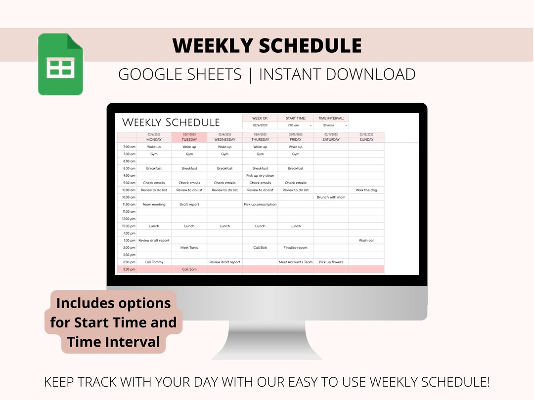 Weekly Schedule Google Sheets Daily Schedule Digital - Etsy