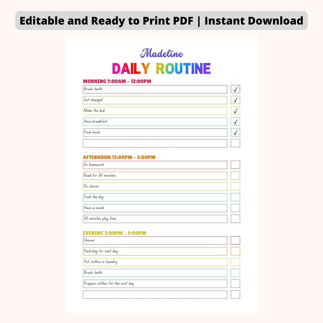 EDITABLE Kids Routine Checklist - Rainbow | Daily Routine Checklist ...