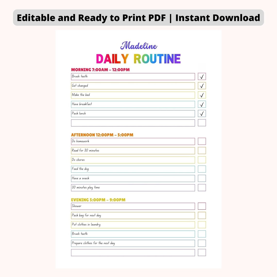 EDITABLE Kids Routine Checklist Rainbow Daily Routine Checklist Daily ...