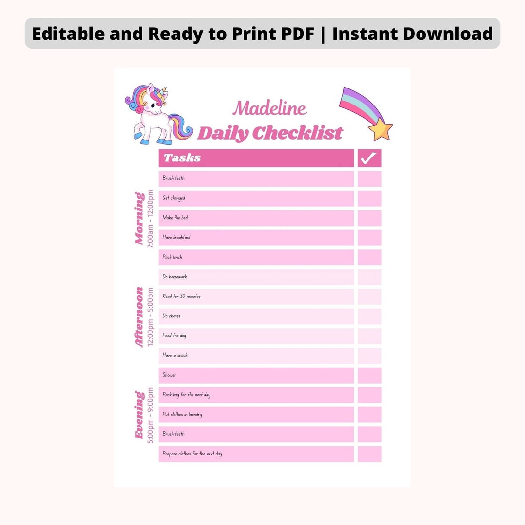 EDITABLE Kids Daily Checklist - Unicorn | Kids Routine Checklist ...