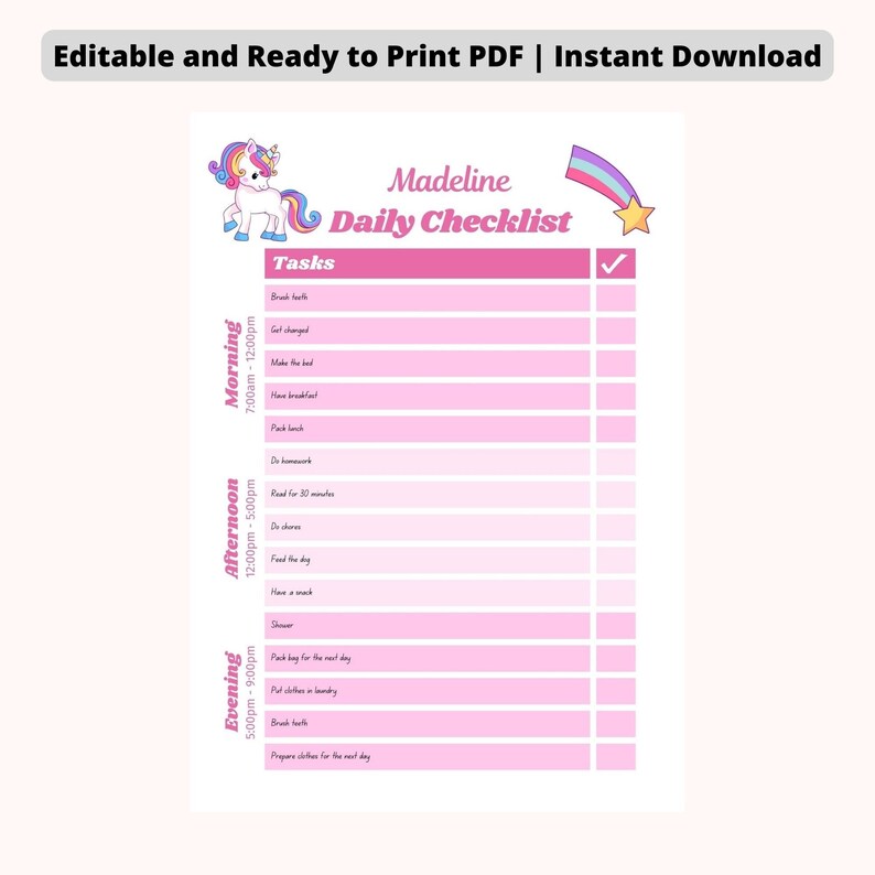 EDITABLE Kids Daily Checklist - Unicorn | Kids Routine Checklist ...