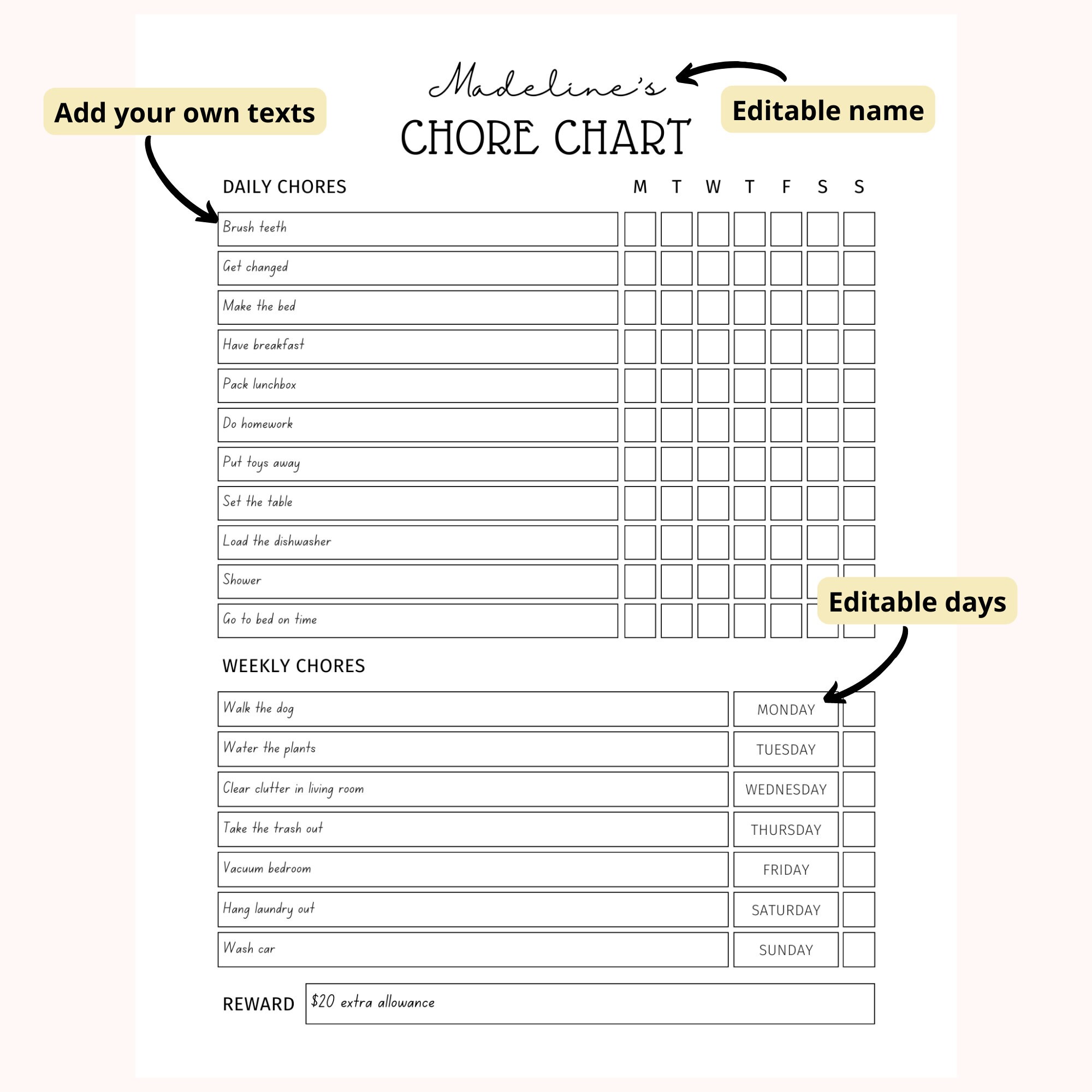Editable Kids Chore Chart: Daily & Weekly Reward System (printable PDF ...