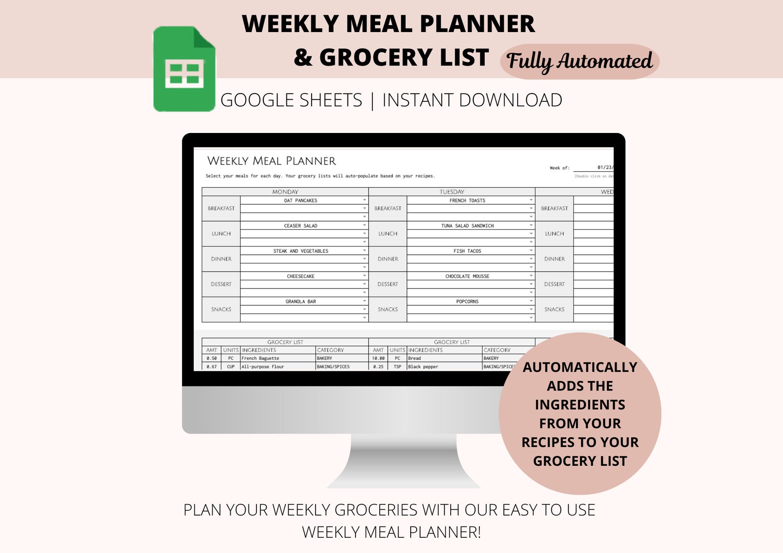 Editable Meal Planner and Grocery List Google Sheets Spreadsheet ...