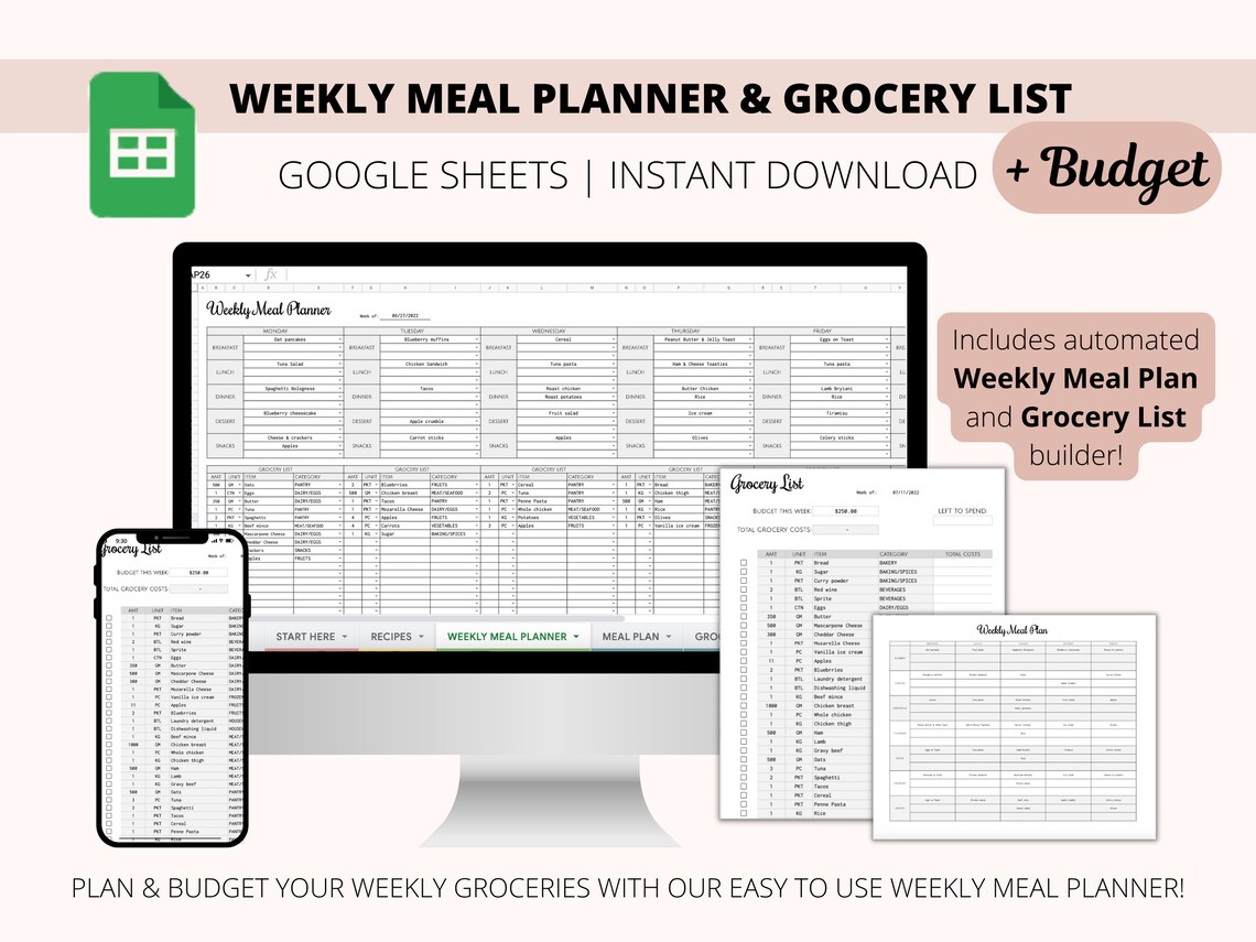 Editable Meal Planner and Grocery List With Budget Google - Etsy