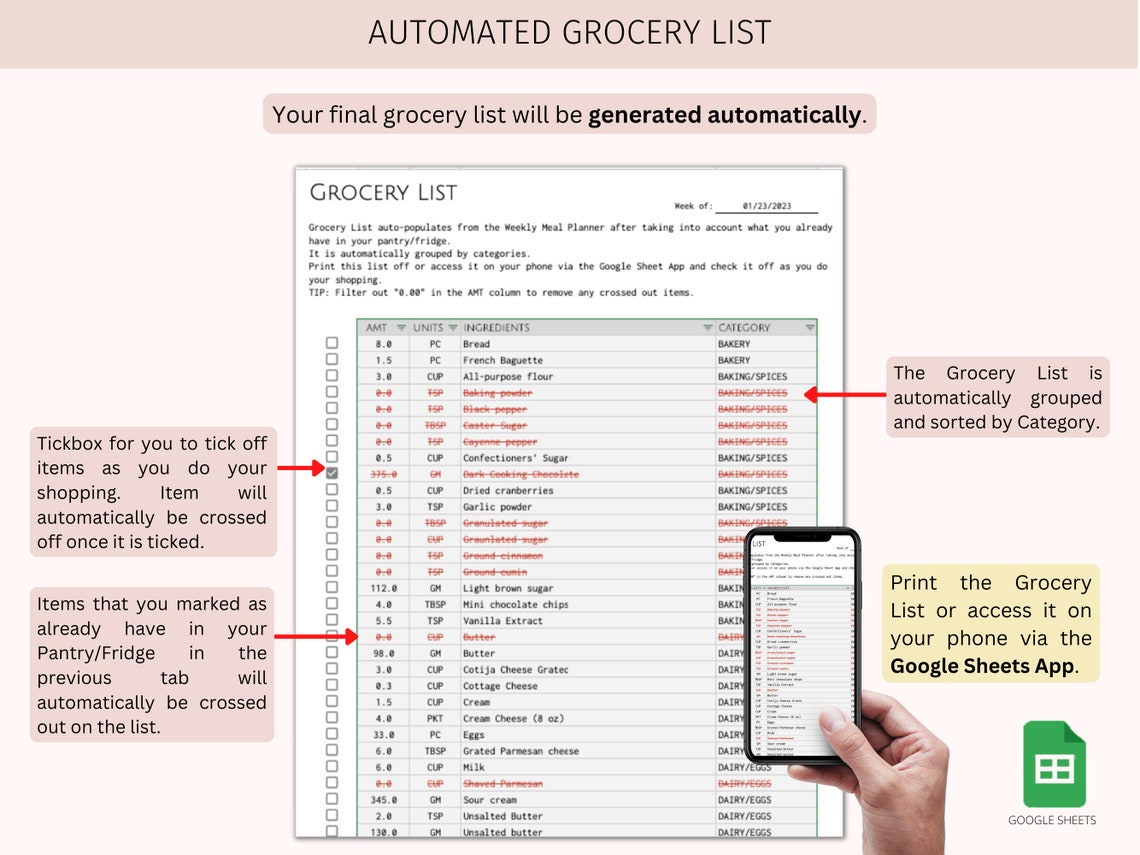Weekly Meal Planner: Automated Grocery List, Google Sheets (digital ...