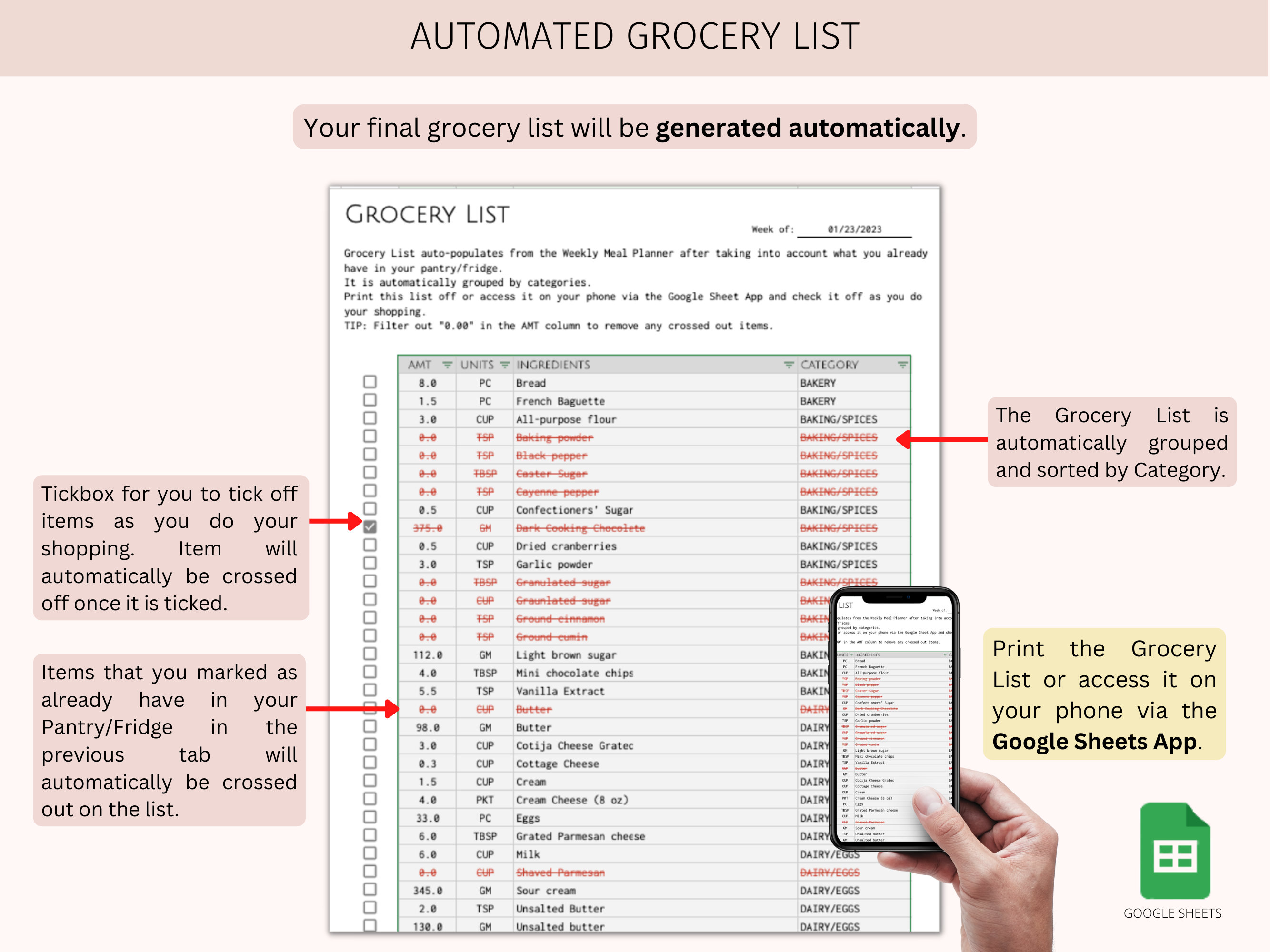Editable Meal Planner and Grocery List Google Sheets Spreadsheet ...