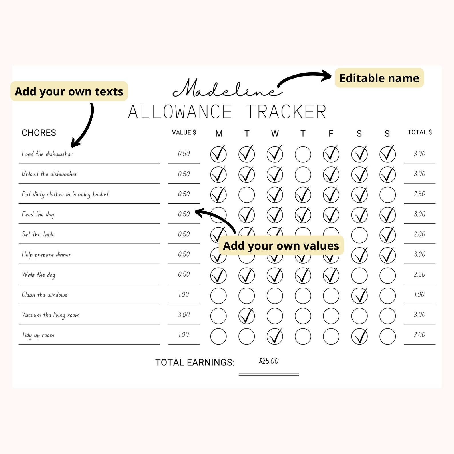 EDITABLE Allowance Chore Chart - Minimalist | Allowance Tracker ...