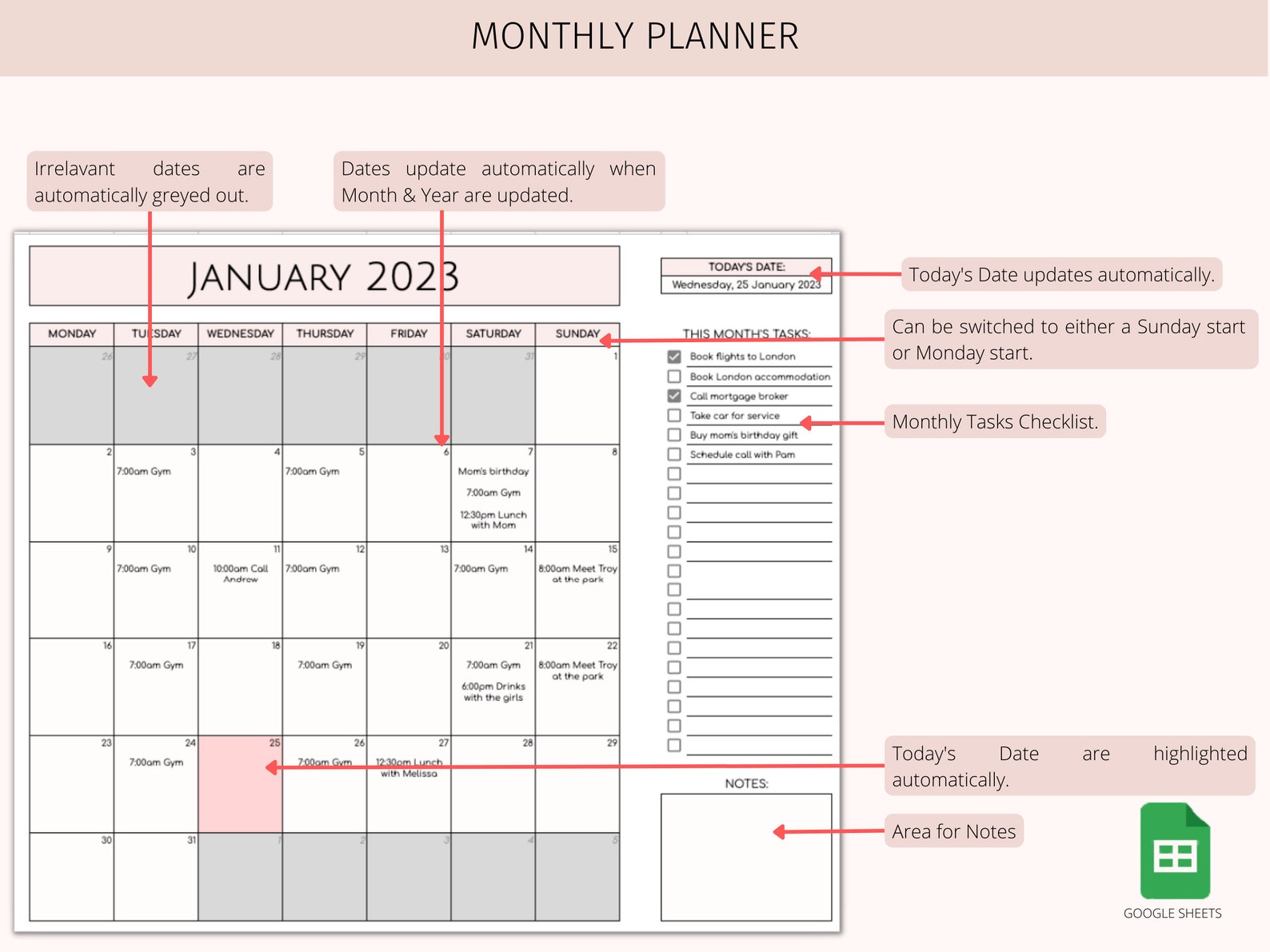 Monthly & Weekly Calendar Planner Google Sheets Spreadsheet | Automated ...