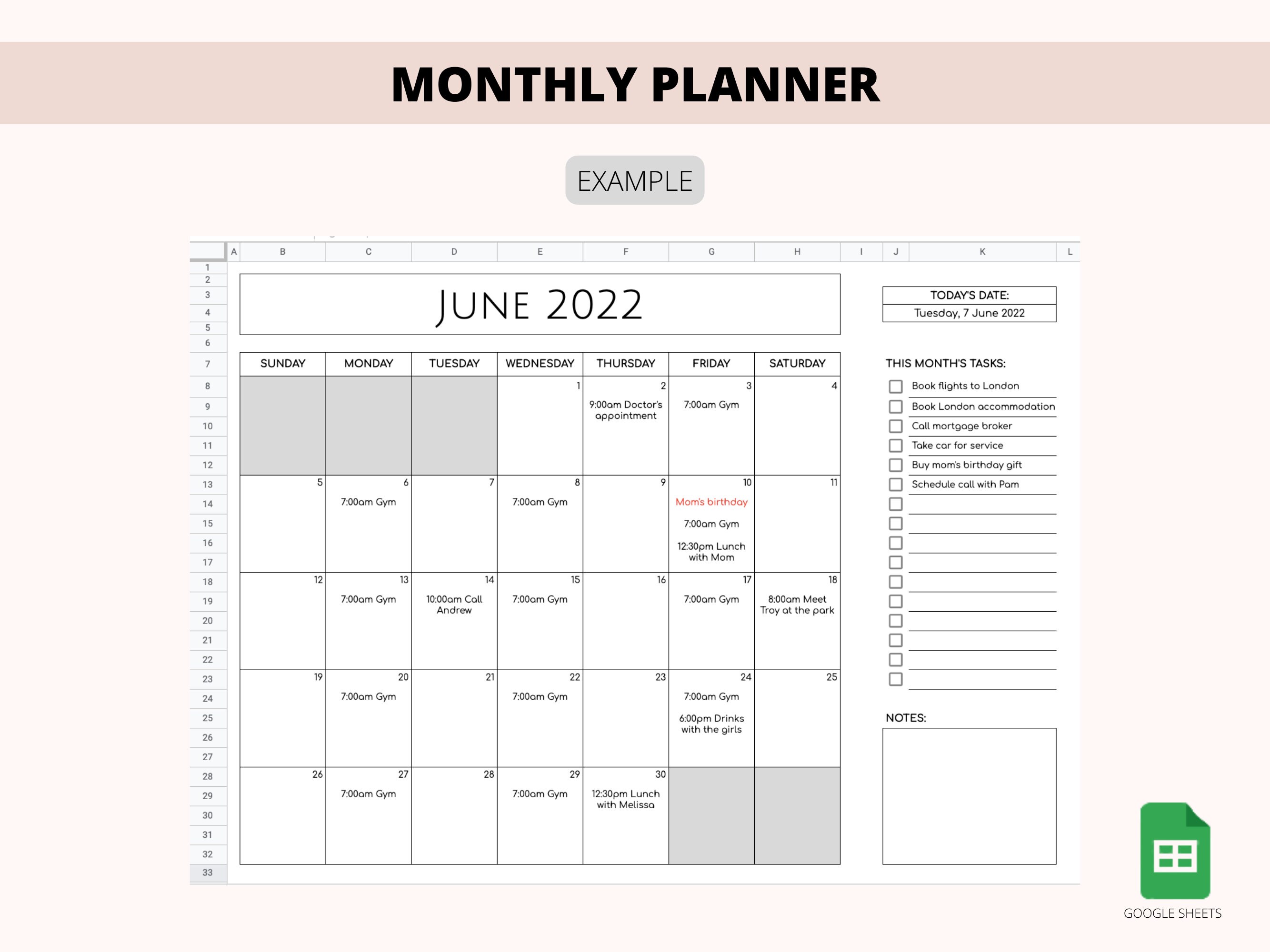 Monthly Calendar Planner | Google Sheets | Automated Calendar | to Do ...