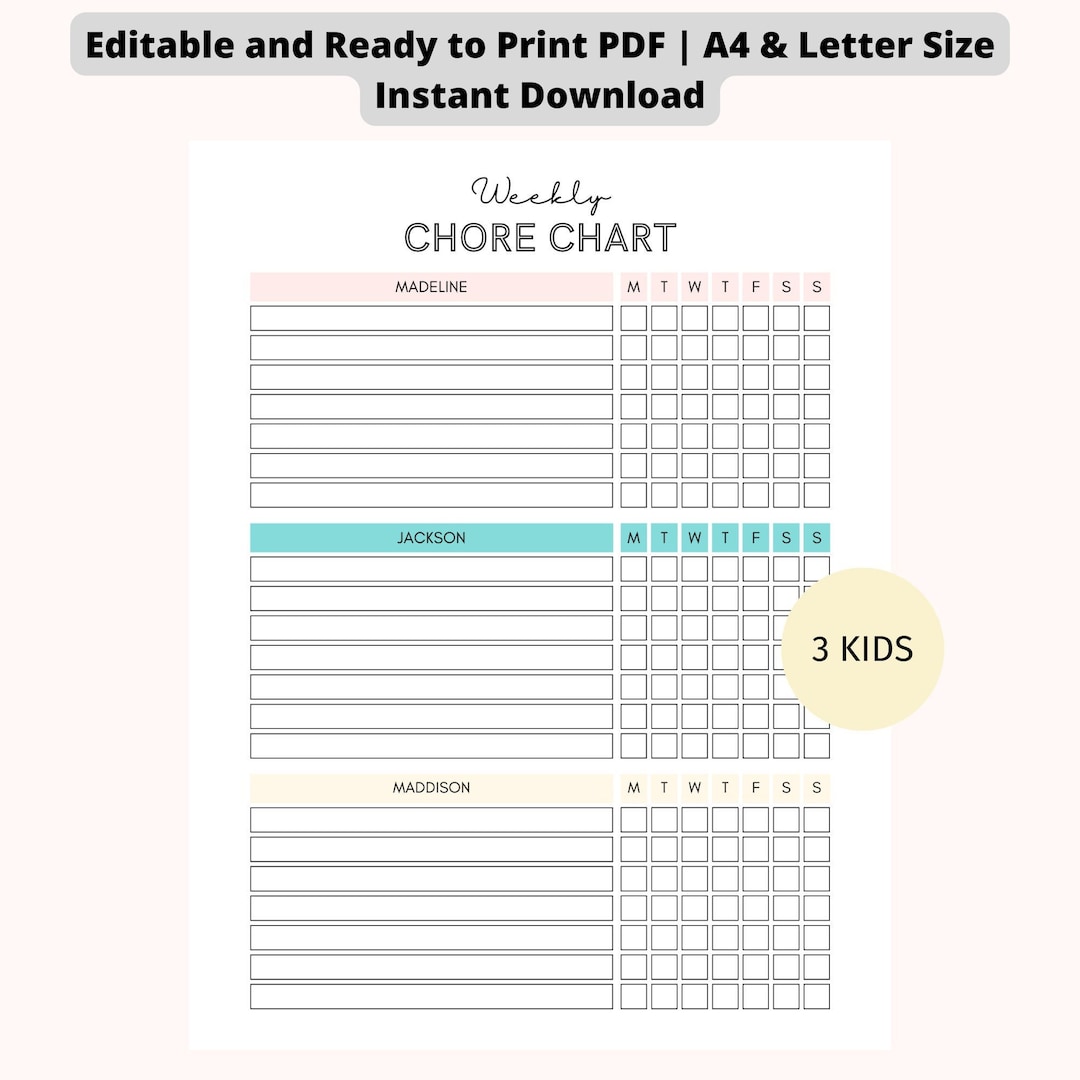EDITABLE Multiple Kids Weekly Chore Chart | 3 Kids Chore Chart | Daily ...