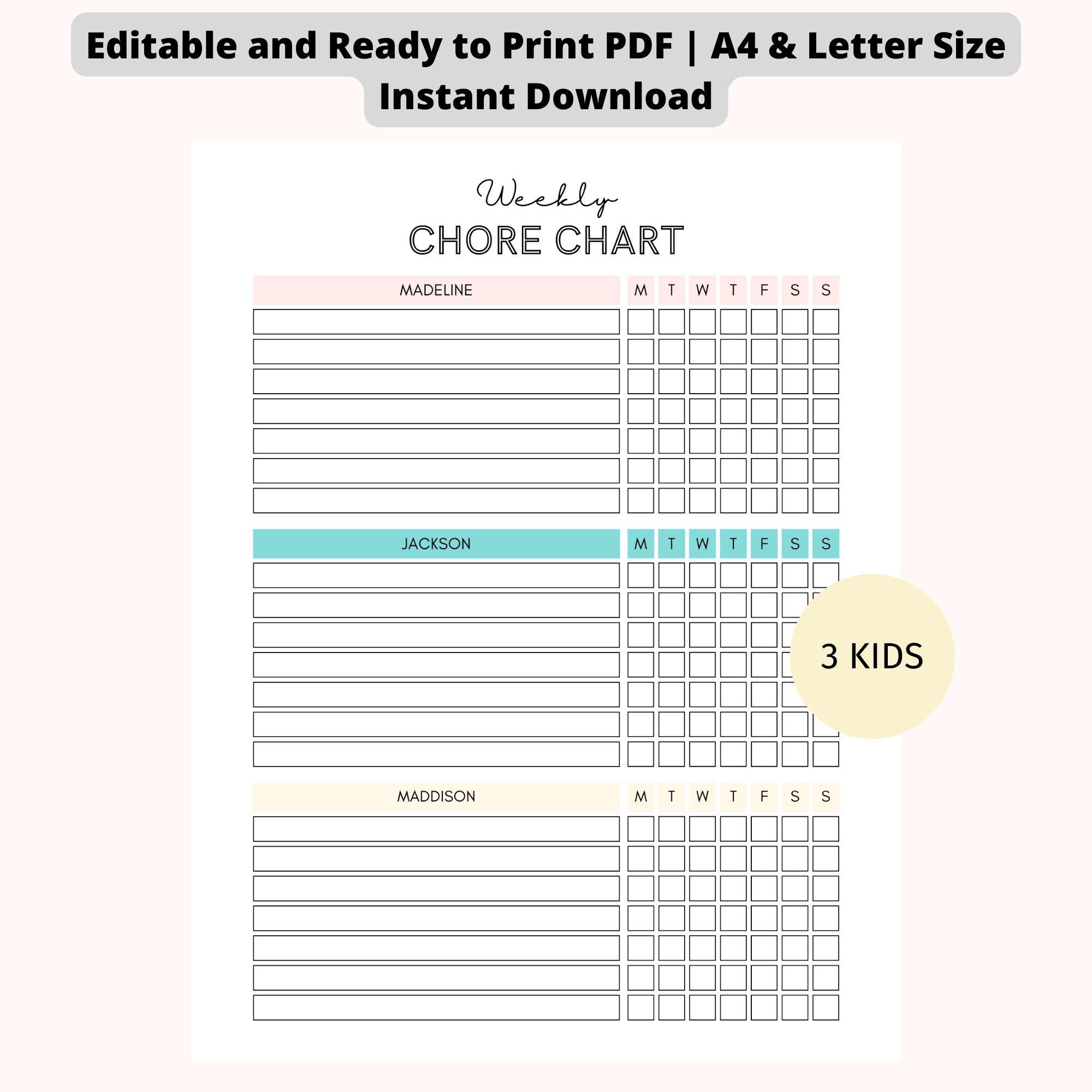 EDITABLE Multiple Kids Weekly Chore Chart | 3 Kids Chore Chart | Daily ...