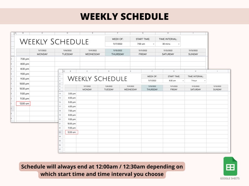 Weekly Schedule Google Sheets Daily Schedule Digital Etsy