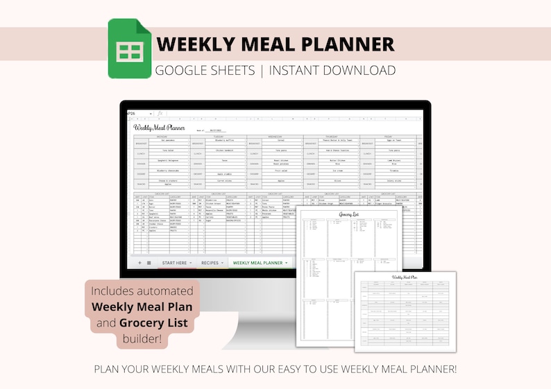 Editable Meal Planner and Grocery List Google Sheets Spreadsheet ...