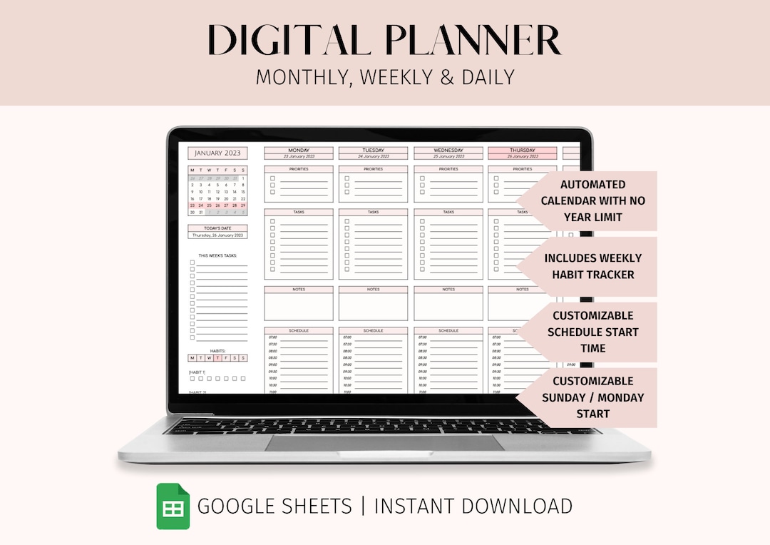 Monthly & Weekly Calendar Planner Google Sheets Spreadsheet | Automated ...