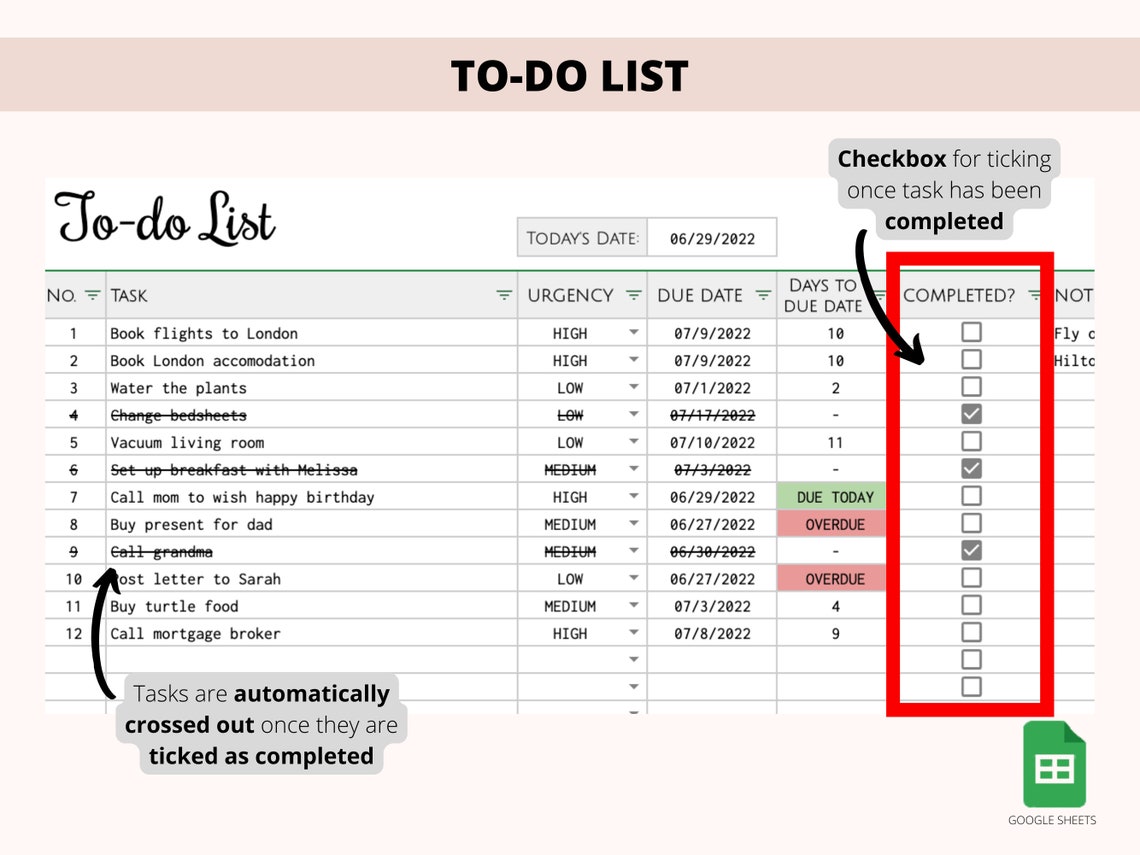 To Do List Google Sheets Task Planner Editable to Do List - Etsy