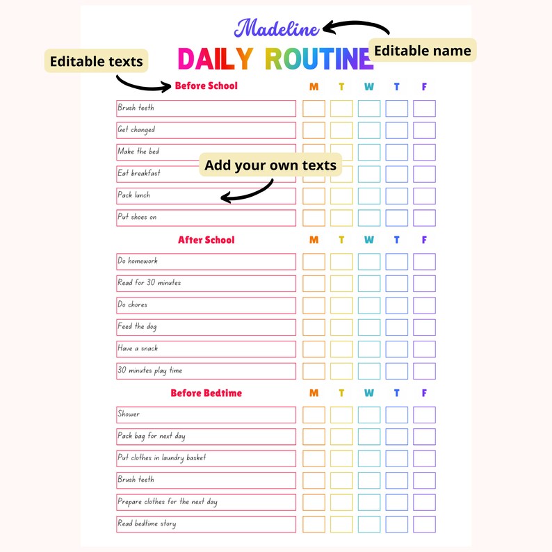 EDITABLE Kids Daily Checklist Rainbow Kids Routine Checklist Daily ...