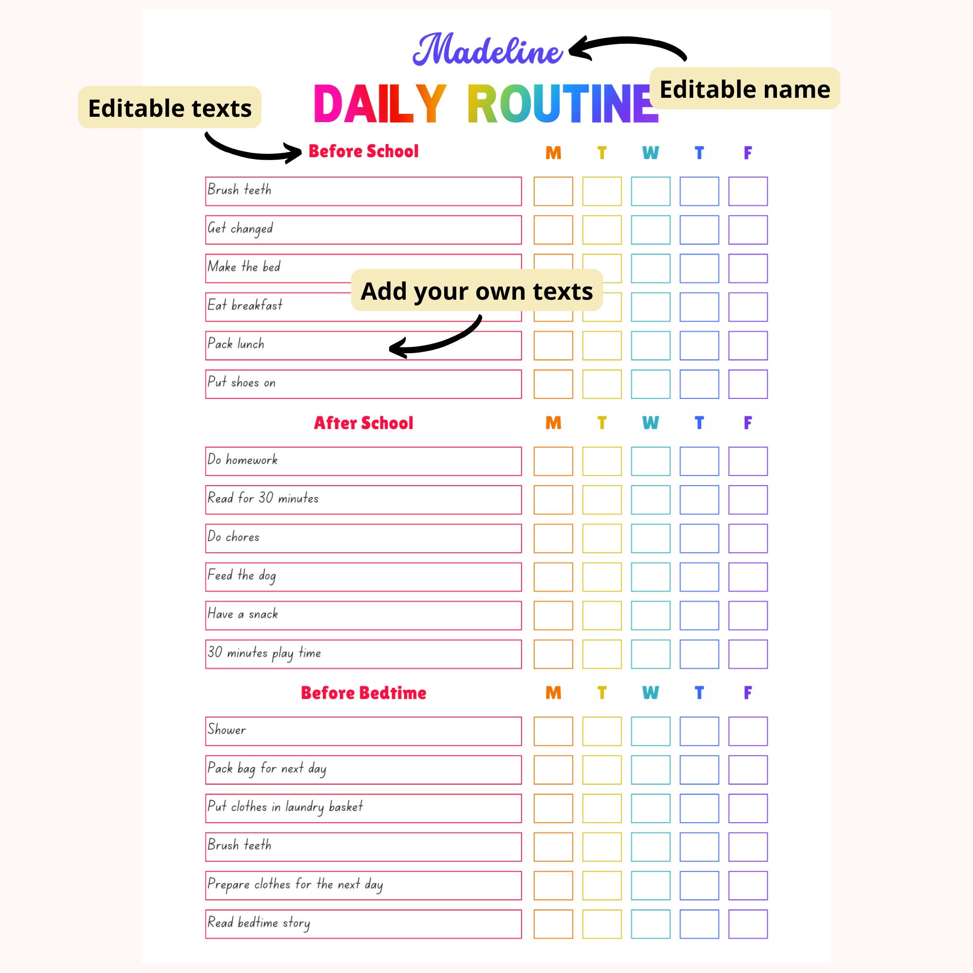 EDITABLE Kids Daily Checklist Rainbow Kids Routine Checklist Daily ...