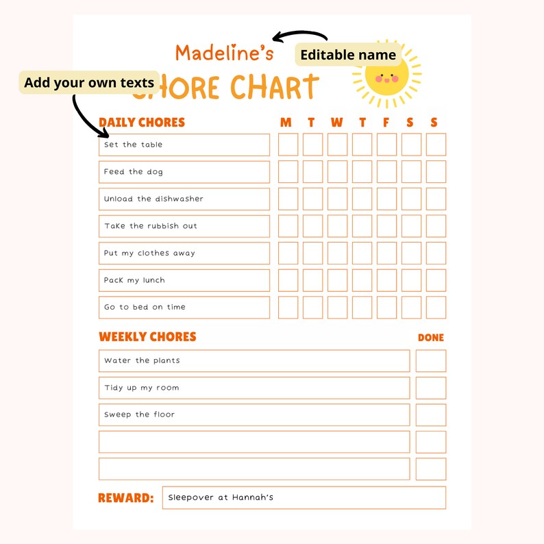 EDITABLE Kids Daily & Weekly Chore Chart | Kids Reward Chore Chart ...