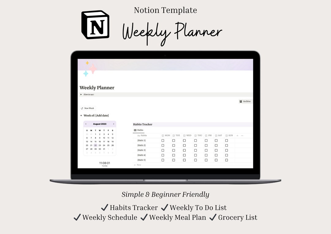 Notion Weekly Planner Template, Simple Digital Planner, Weekly to Do ...