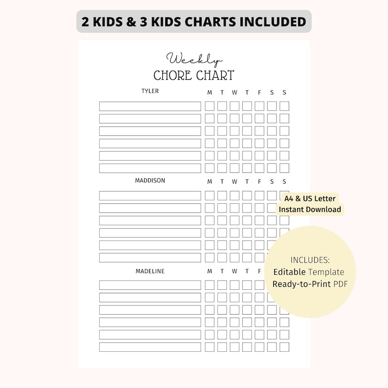 EDITABLE Multiple Kids Weekly Chore Chart - Minimalist | 2 Kids and 3 ...